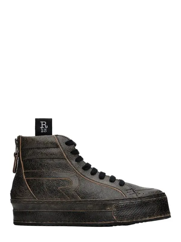 R13 High Top Distressed Sneakers With Perforated And Embossed Panels - Make Old Black