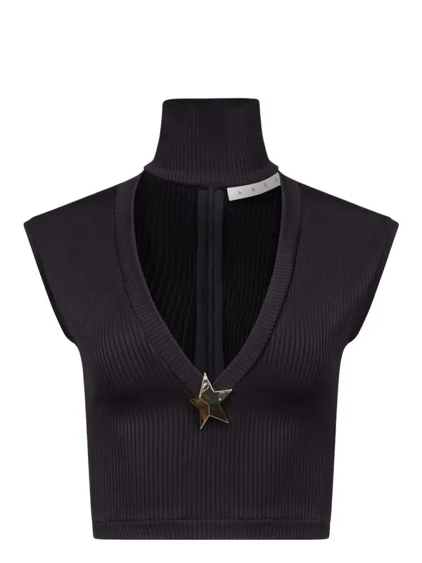 AREA Star Stud Rib-knit Crop Top - Black