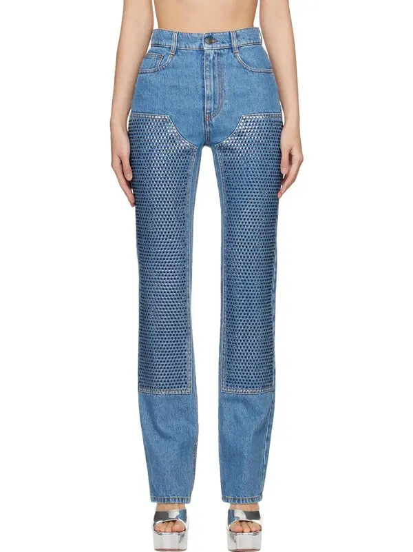AREA Crystal Embellished Straight Leg Jeans - Blue