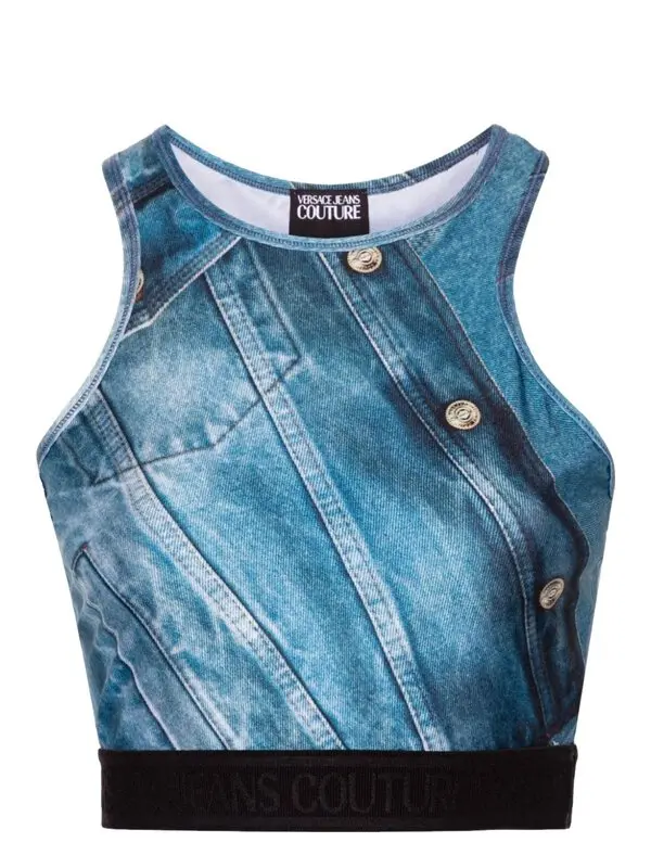 Versace Patch Denim Crop Top - Blue