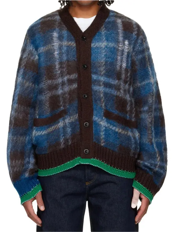 Sacai Check Mohair Knit Cardigan - Brown/blue