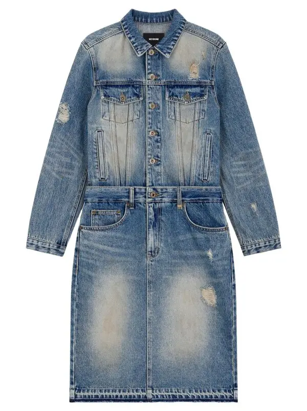 We11Done Distressed Denim Long-sleeve Dress With Multi-pocket Design - Blue