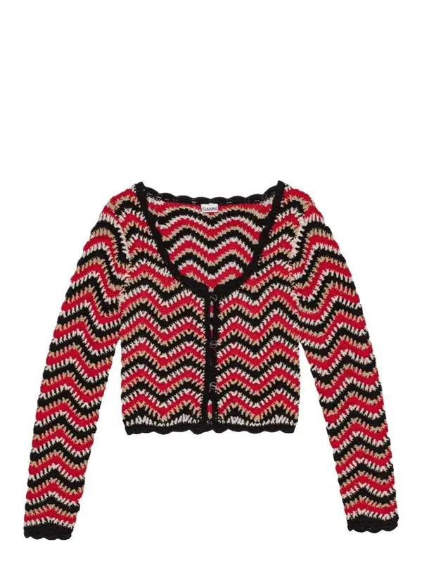 GANNI Cropped Crochet Cardigan With U-neckline And Wavy Details - Multicolor