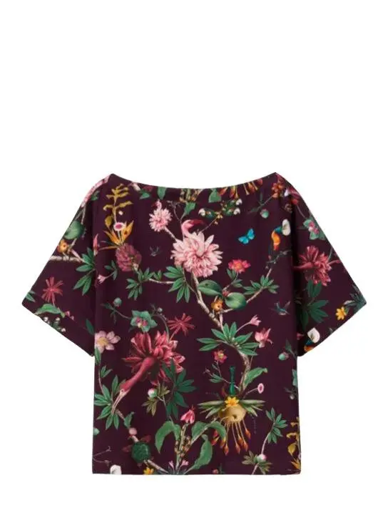 La DoubleJ Floral Print Short-sleeve Blouse - Zooflora Burgundy In Stretch Fleece