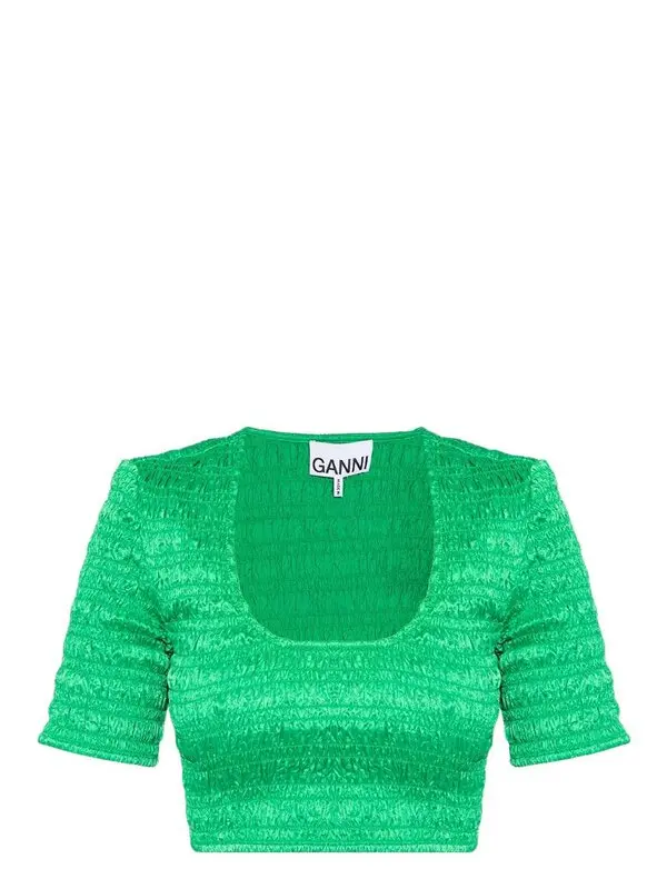GANNI U-neck Cropped Smocked Top - Green