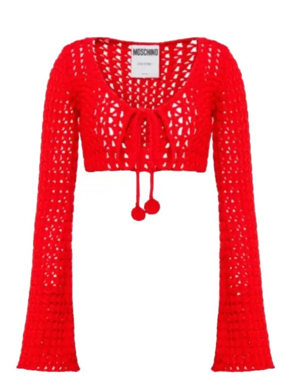 Moschino Crochet Knit Long Sleeve Top With Trumpet Sleeves - Red