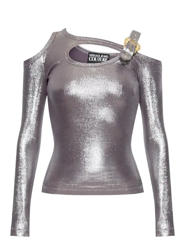 Versace Cut-out Metallic Long Sleeve Top - Gray