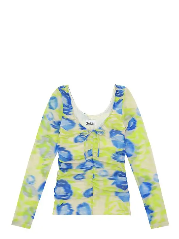 GANNI Mesh Ruched Floral Long Sleeve Top - Multicolor