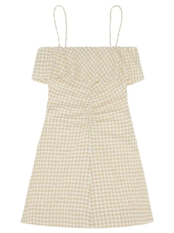 GANNI Gingham Check Square Neck Mini Dress - Nude