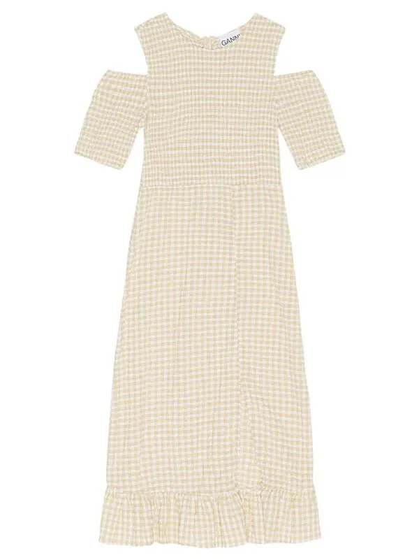 GANNI Stretch Seersucker Smock Dress With Slit And Flounce Skirt - Nude