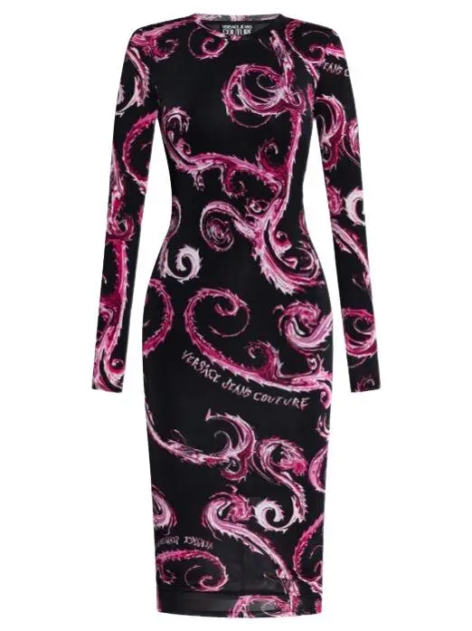 Versace Chromo Print Crewneck Midi Dress - Black