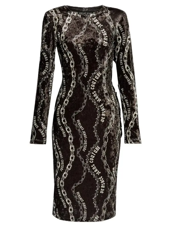 Versace Chain Print Long Sleeve Midi Dress - Black