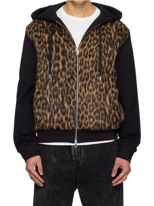 LANVIN Faux Fur Leopard Print Zip Hoodie - Black