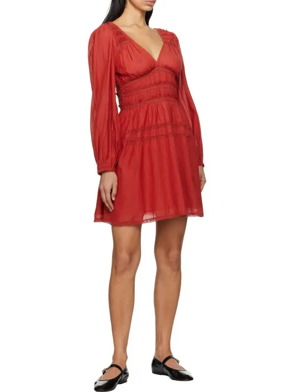 Sea Long Sleeve Dress With Deep V Neckline - Red
