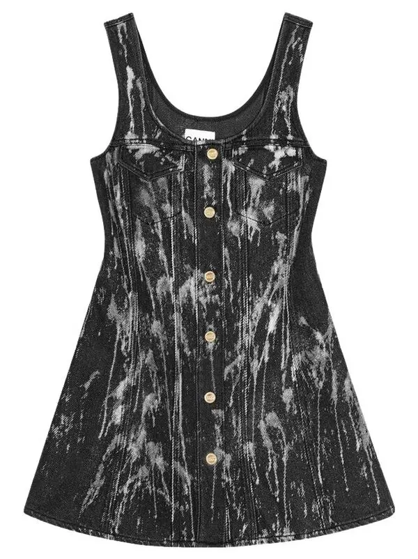GANNI Sleeveless Denim Dress With Butterfly Buttons - Water Washed Black/black
