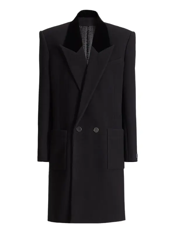 Balmain Long Wool And Velvet Trimmed Coat - Black
