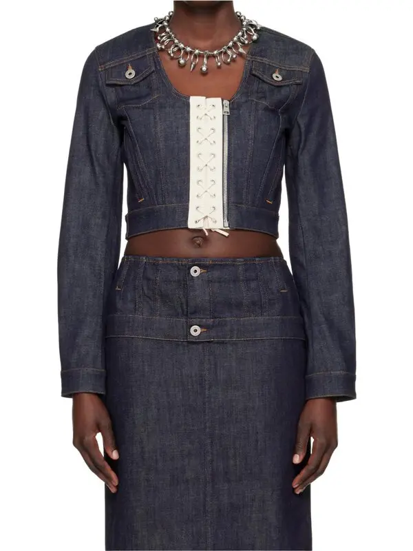 JEAN PAUL GAULTIER Cropped Denim Jacket With Lace-up Panels - Black