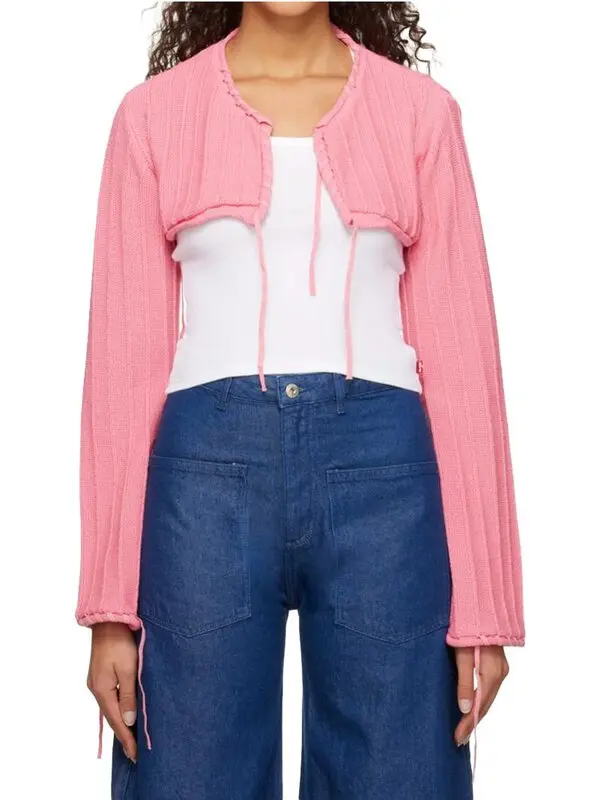 OPEN YY Rib-knit Drawstring Cardigan - Pink