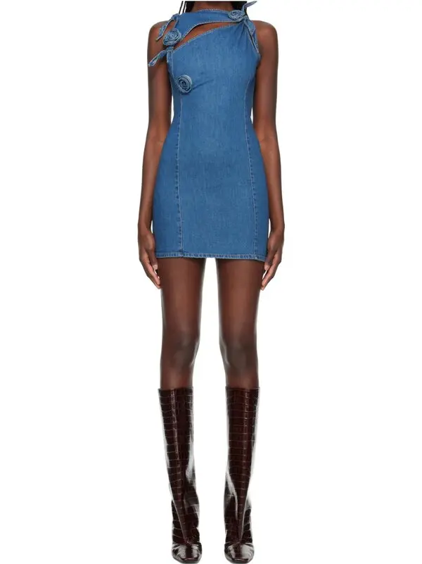 Coperni Asymmetrical Rose Detail Mini Denim Dress - Blue Retro