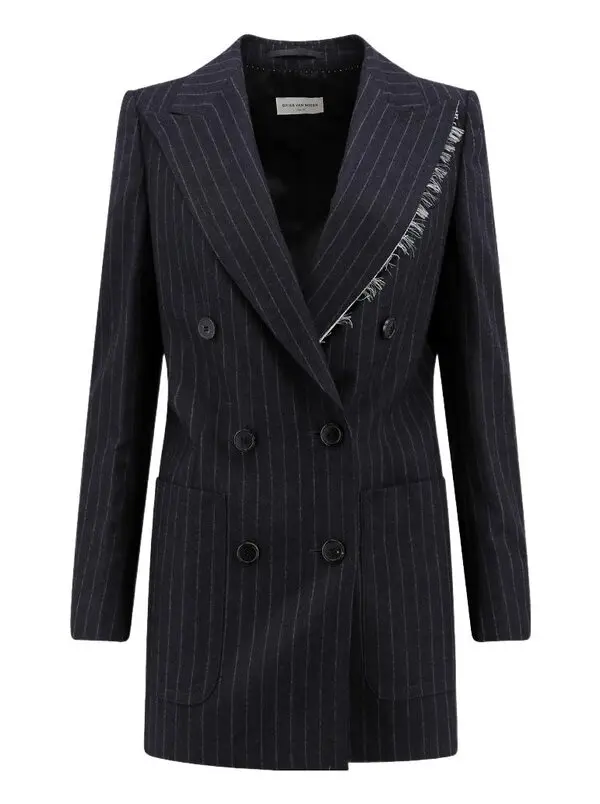 Dries Van Noten Fringes Detail Striped Buttoned Blazer - Black