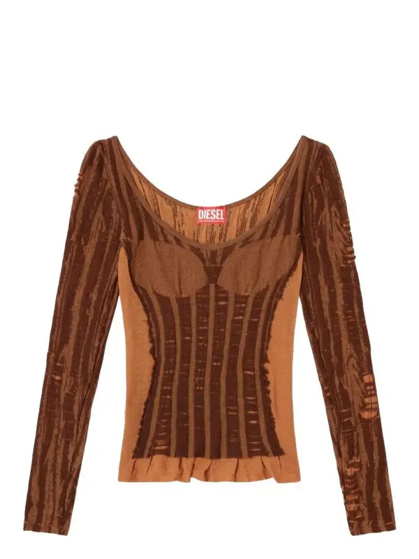 DIESEL® Long Sleeve Knit Top With Pleated Hem - Brown
