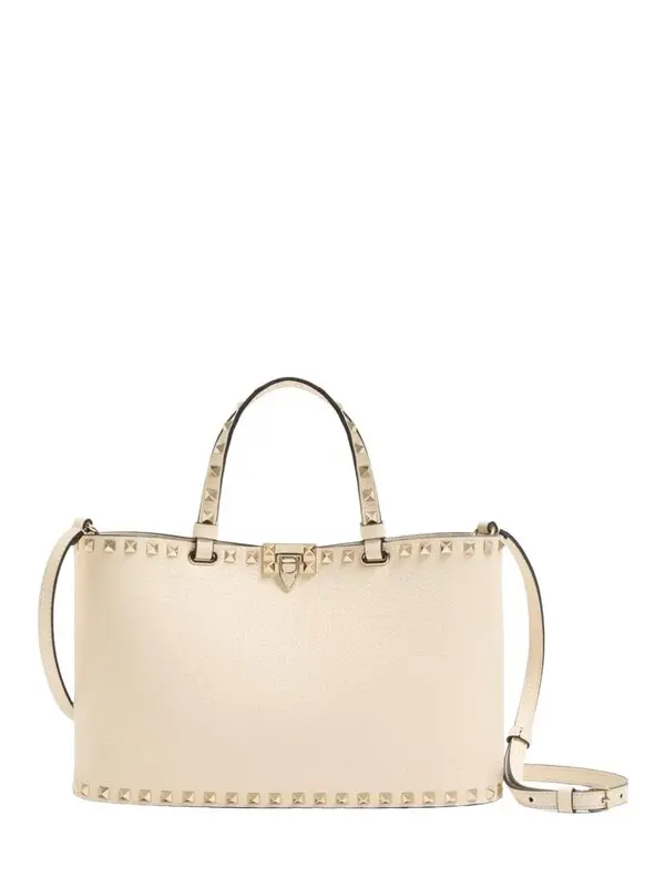 Valentino Garavani Rockstud Small Shopping Bag In Grainy Calfskin - Light Ivory