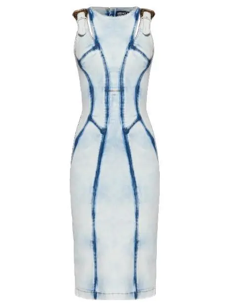 Versace Denim Pencil Dress With Graphic Print - White