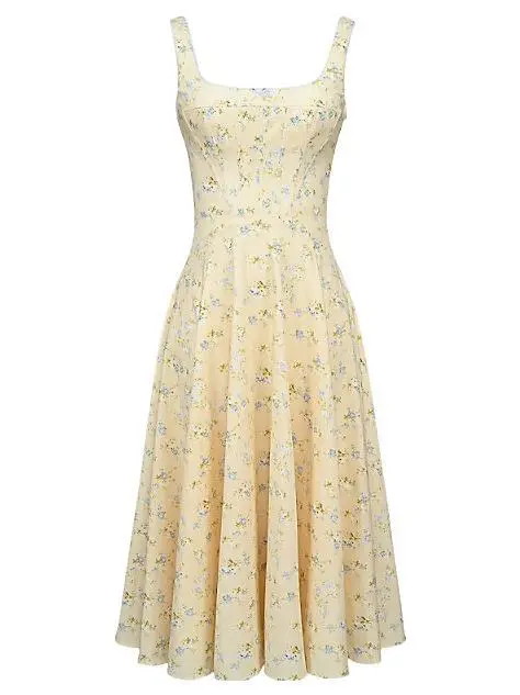 House Of Cb Jaime Floral Cotton Midi Dress - Lemon Floral Print
