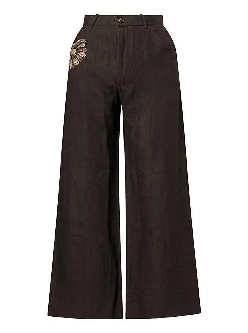 KARTIK RESEARCH Embroidered Wide-leg Linen Trousers - Dark Brown
