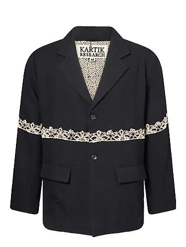 KARTIK RESEARCH Embroidered Single-breasted Wool Blazer - Black Ecru
