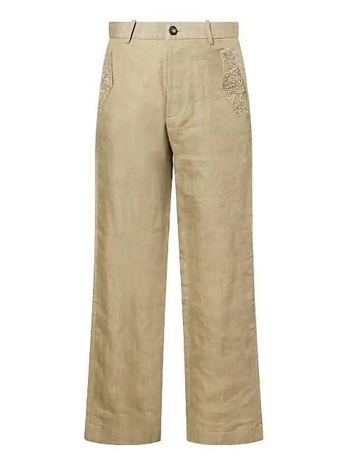 KARTIK RESEARCH Straight-leg Embellished Linen Trousers - Light Green