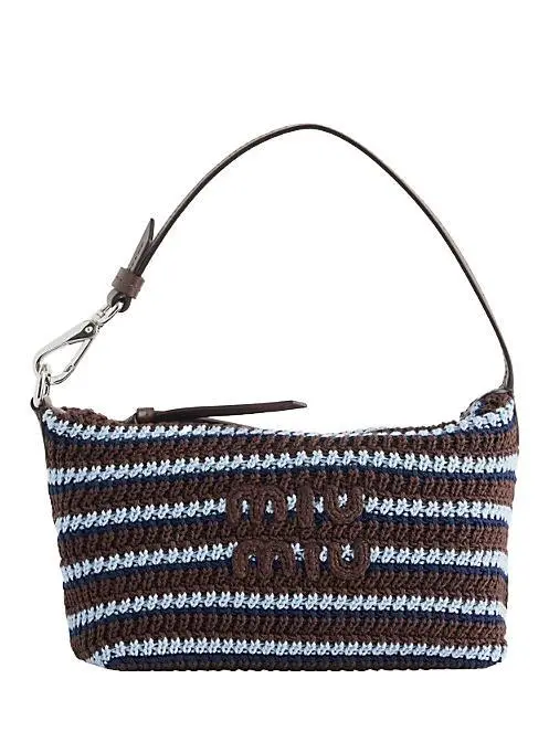 Miu Miu Striped Embroidered-logo Cotton-crochet Handbag - Cacao+celeste