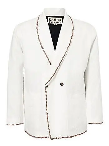 KARTIK RESEARCH Double-breasted Contrast-embroidered Linen Jacket - Ecru