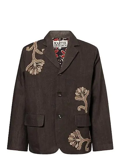 KARTIK RESEARCH Herringbone Embroidered Single-breasted Linen Jacket - Dark Brown
