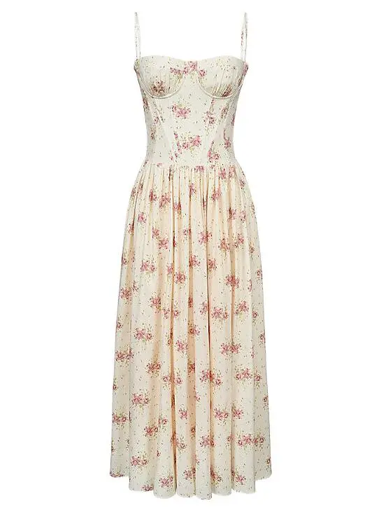 House Of Cb Rona Floral-print Stretch-cotton Midi Dress - Ivory Vintage Rose
