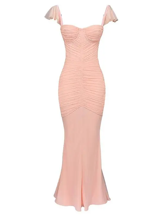 House Of Cb Antonella Gathered Bodice Stretch-mesh Maxi Dress - Peach