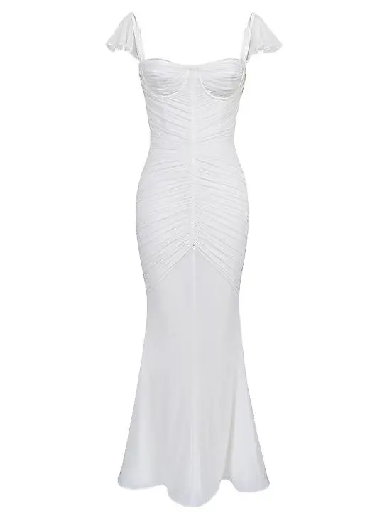 House Of Cb Antonella Gathered Bodice Stretch-mesh Maxi Dress - White
