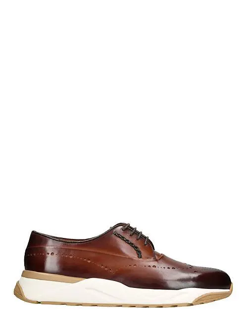 Santoni Leather Derby Trainers With Brogue Detailing And Lug Sole - Tan