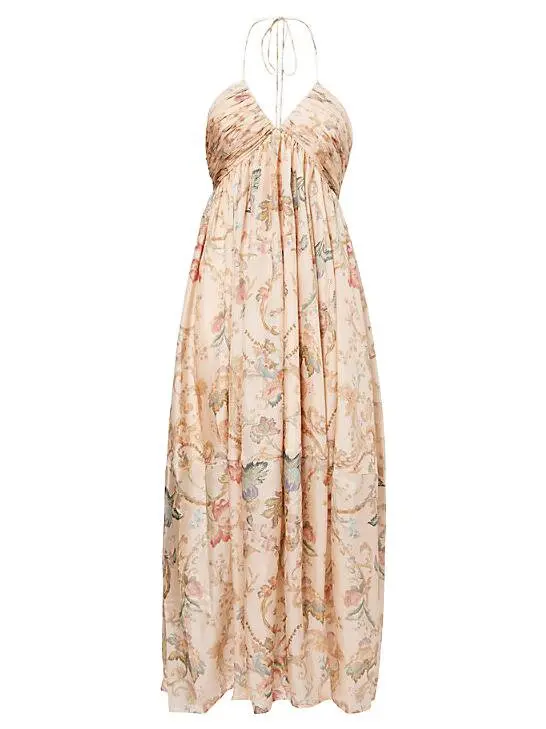 Zimmermann Roselight Halter Linen Maxi Dress - Pink Tapestry Floral