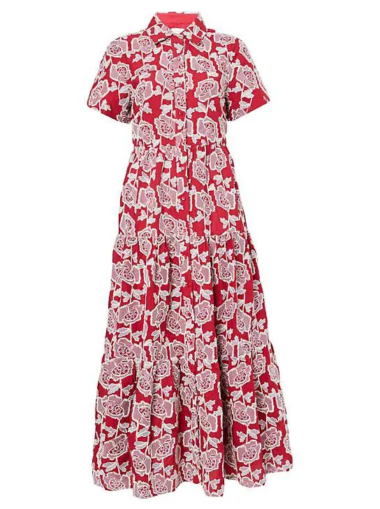 Erdem Floral Embroidered Tiered Midi Dress - Cherry