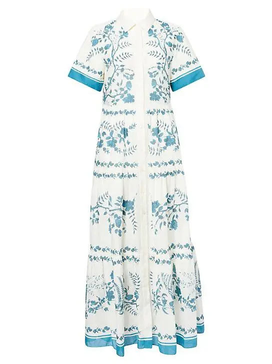 Erdem Botanical Print Tiered Cotton And Linen-blend Midi Shirt Dress - Wild Fern Bot Dream Blue