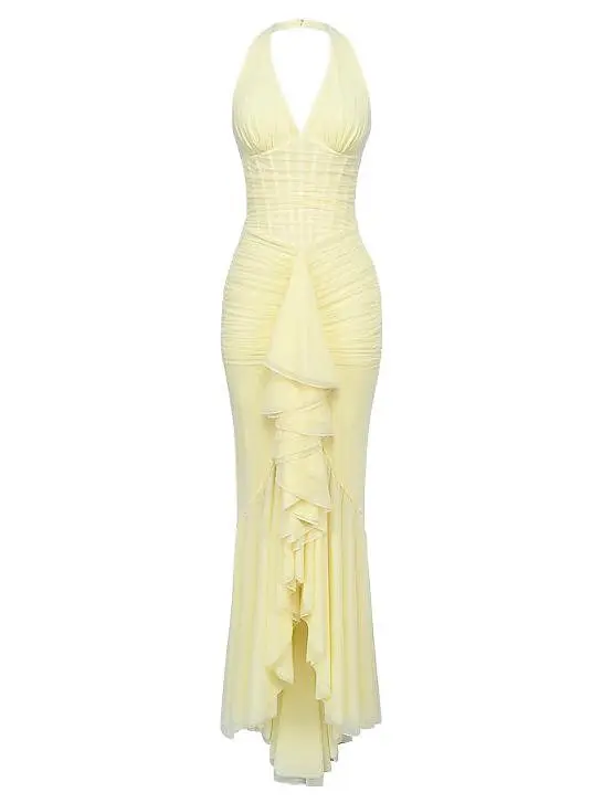 House Of Cb Carmine Halterneck Stretch-mesh Maxi Dress - Lemon Yellow