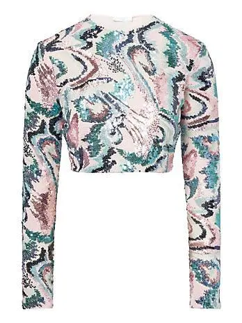 Rabanne Long Sleeve Sequin Embellished Cropped Top - Abstract Flowers Blue Pi