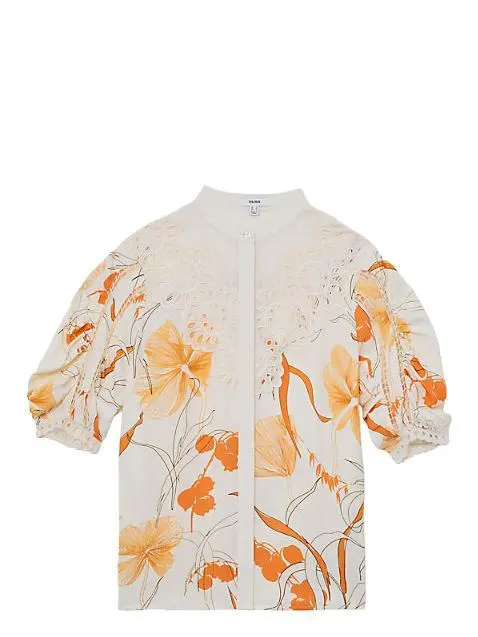 REISS Louisa Floral-print Lace-trim Woven Shirt - Ivory Pink