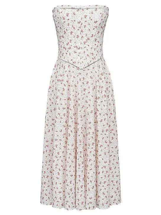 House Of Cb Rose Print Strapless Stretch-cotton Maxi Dress - White Rose