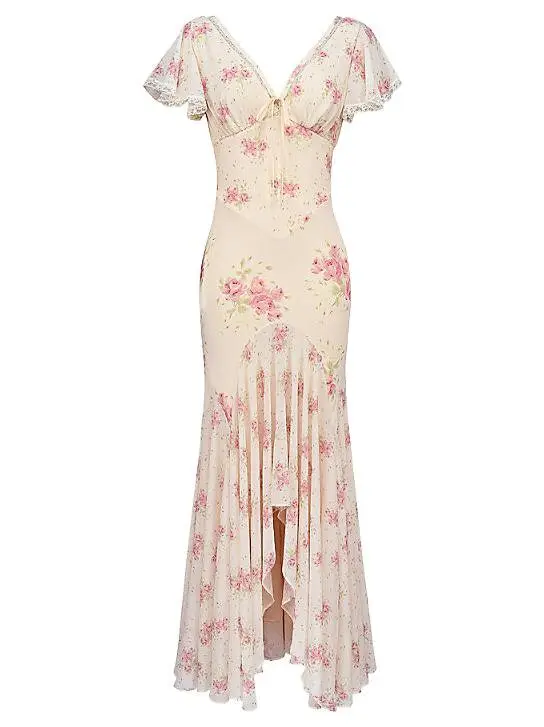House Of Cb Amina Floral Print Georgette Maxi Tea Dress - Ivory Vintage Rose