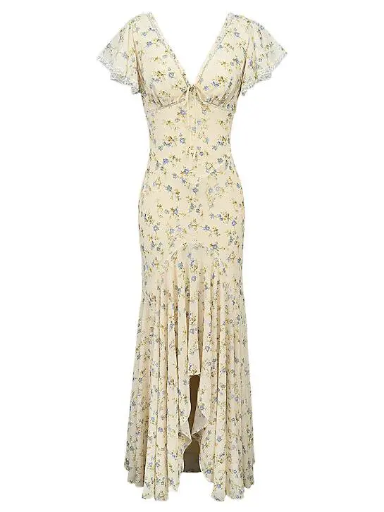 House Of Cb Amina Floral Print Georgette Maxi Tea Dress - Lemon Floral