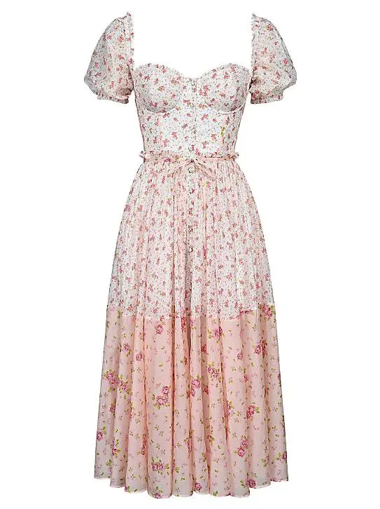 House Of Cb Penelope Floral Print Sweetheart Neck Puff Sleeve Midi Dress - Pink Rose