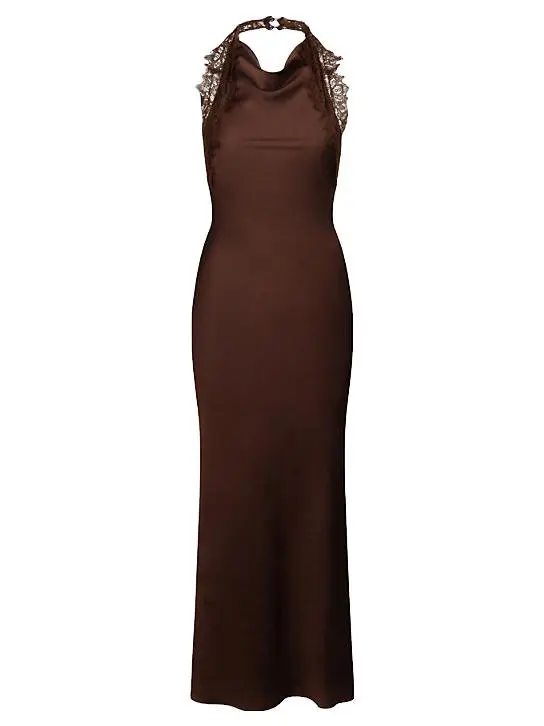 OMNES Benita Halterneck Satin Maxi Dress With Lace Trims - Chocolate
