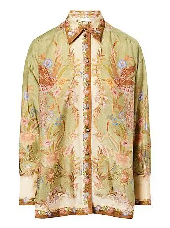 Zimmermann Indra Printed Silk Shirt - Khaki Scarf Floral